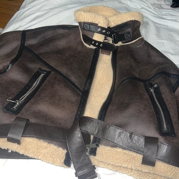 Zara | Jackets & Coats | Zara Faux Leather Shearling Brown Jacket ...